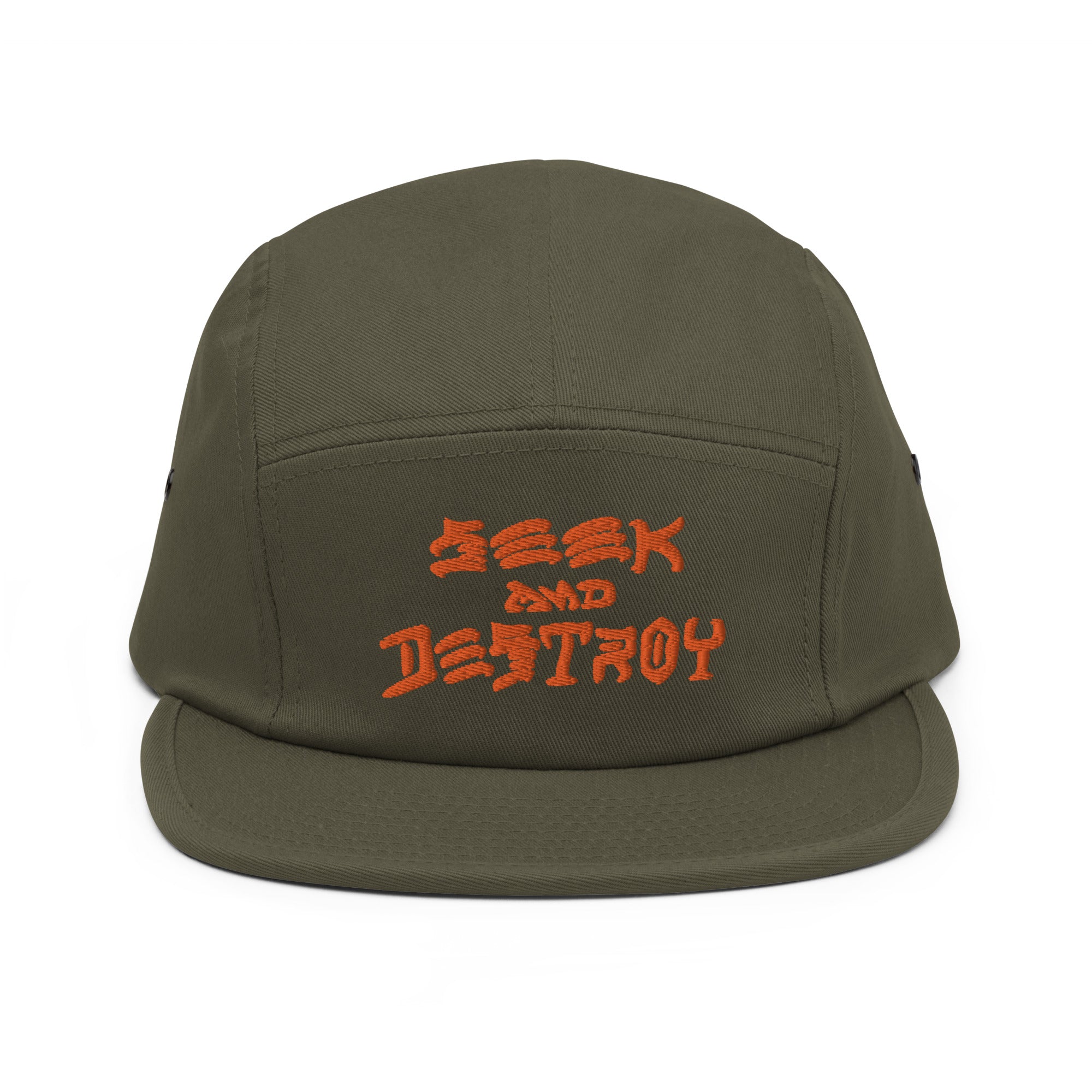 “SEEK AND DESTROY’ Olive/Orange 5 panel cap – UNKWN8
